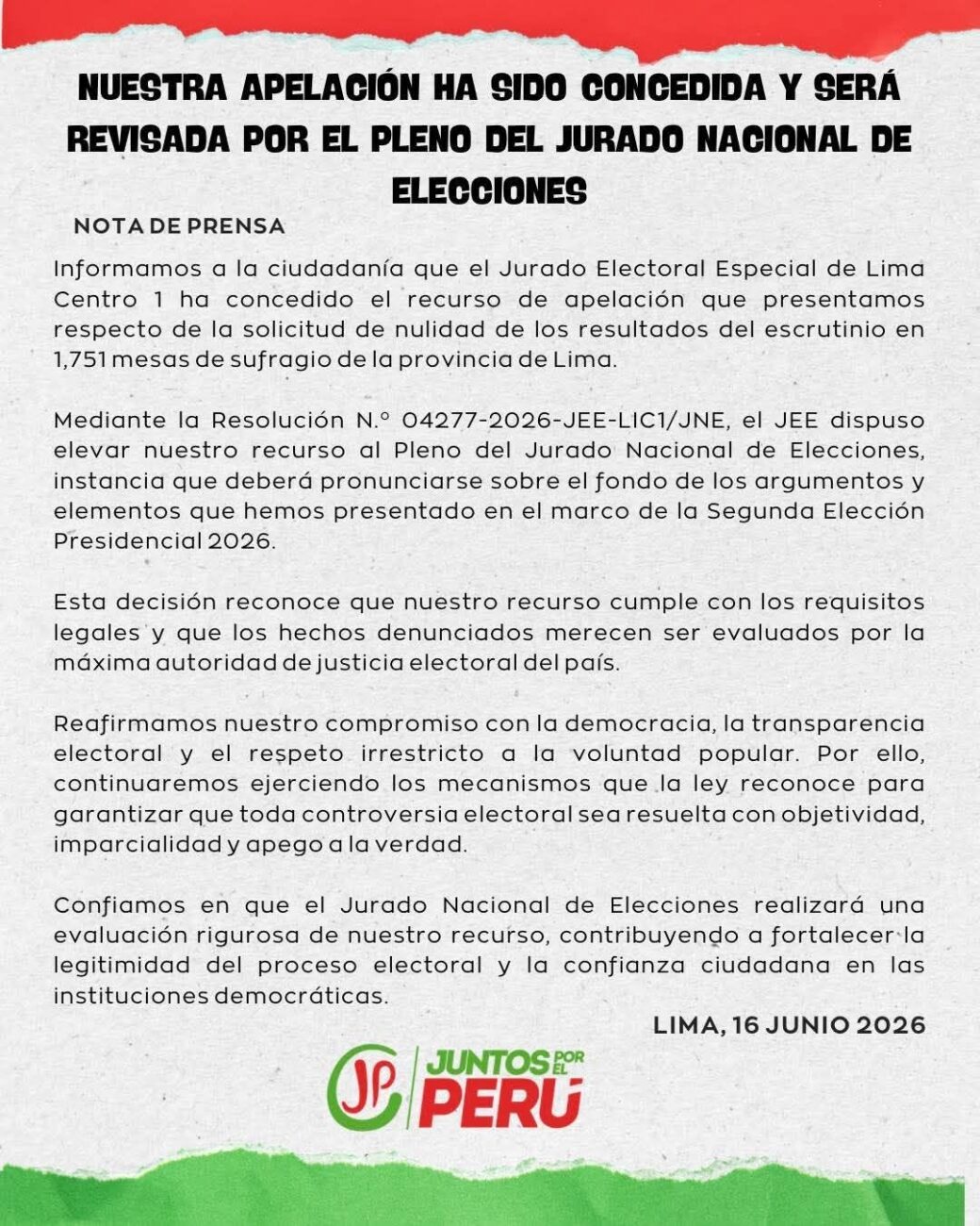 JNE revisará el pedido de nulidad de 1 751 mesas de sufragio en Lima